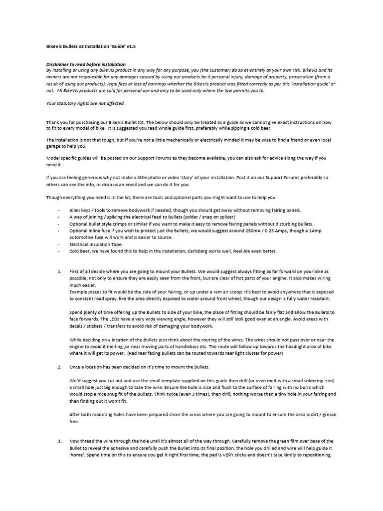 BikeVis Bullets Installation | PDF | Fuse (Electrical) | Electrical Wiring