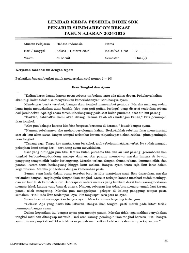 LKPD Teks Fiksi Tanpa KJ | PDF