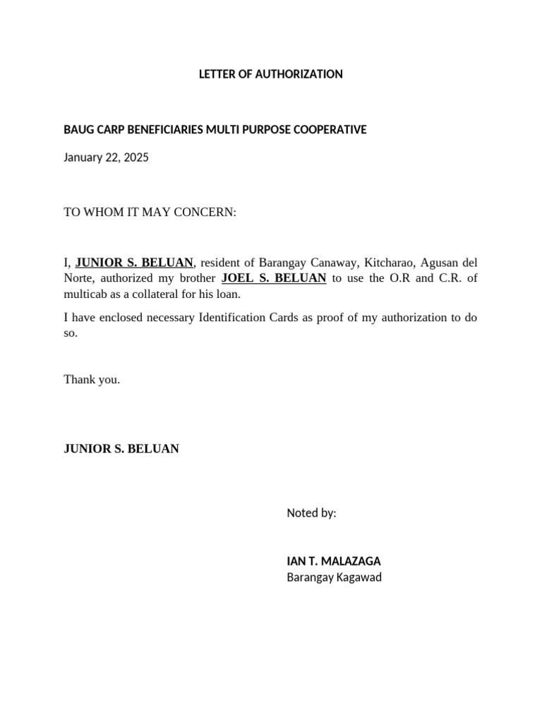 Authorization Letter Sample Tagalog | PDF