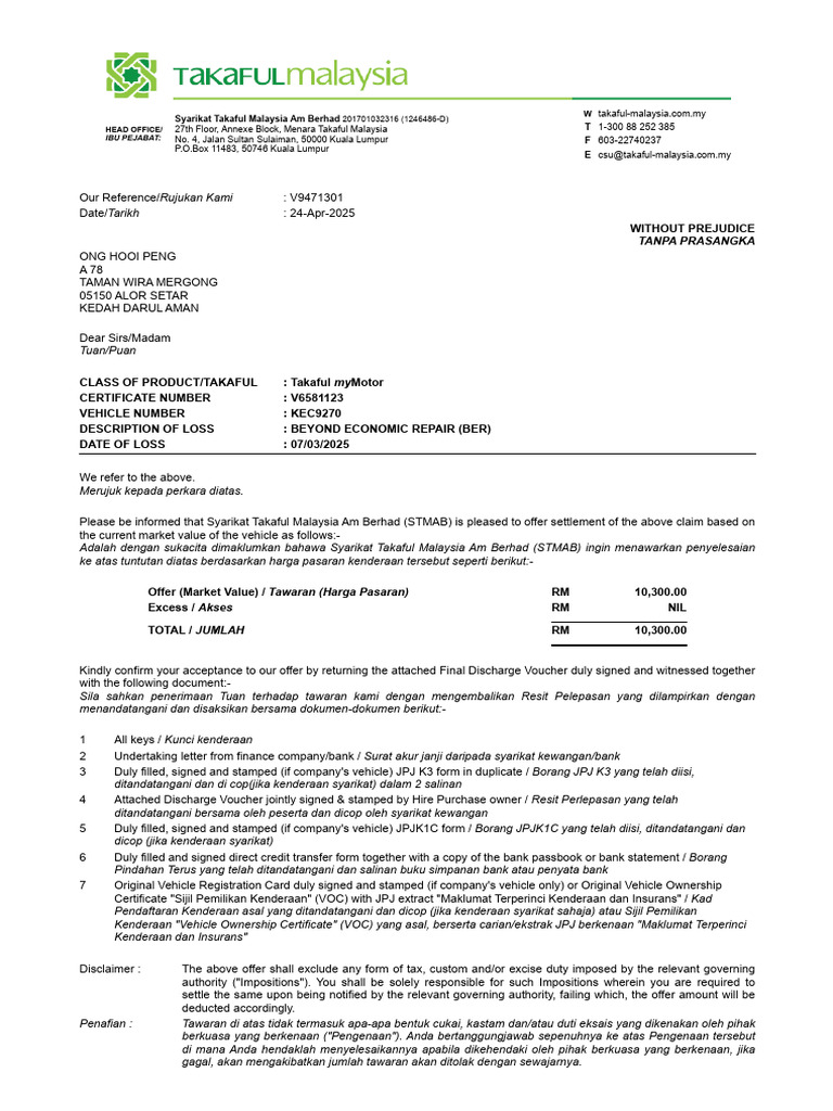 Insurer Offer Letter - DV KEC9270 | PDF