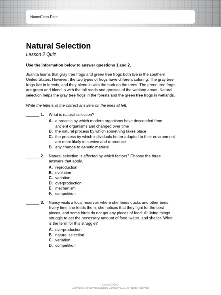 Savvas Quiz Natural Selection | PDF | Natural Selection | Mutation