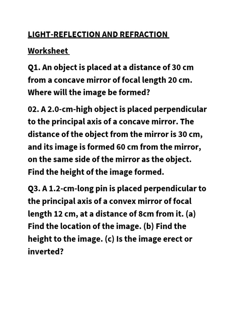 Light-reflection and Refraction(Worksheet) | PDF | Mirror | Applied And ...