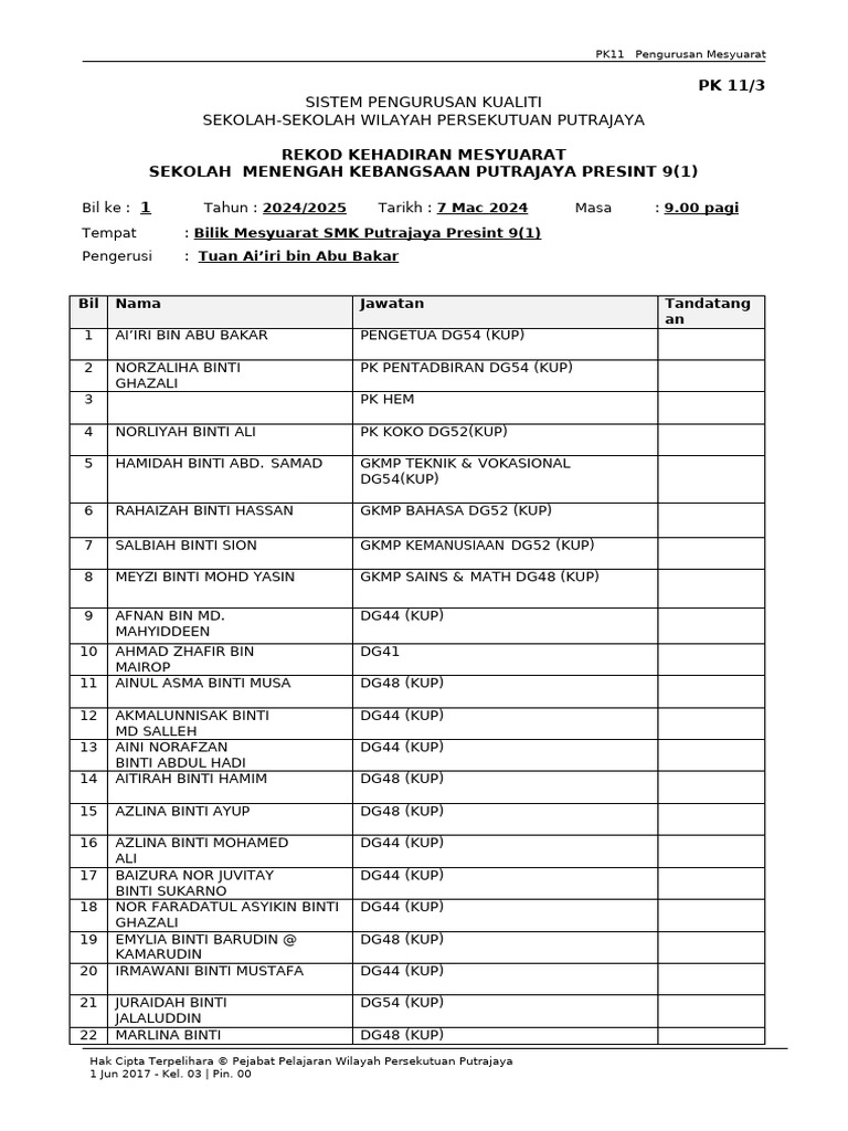 Bil 1 PK 11 (3) Rekod Kehadiran | PDF