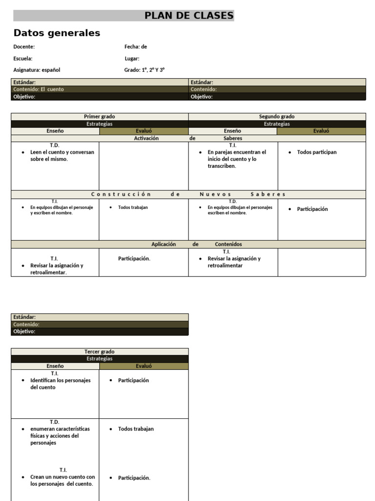 PLAN DE CLASE MULTIGRADO ESPAÑOL 1°, 2° y 3° | PDF | Aprendizaje ...