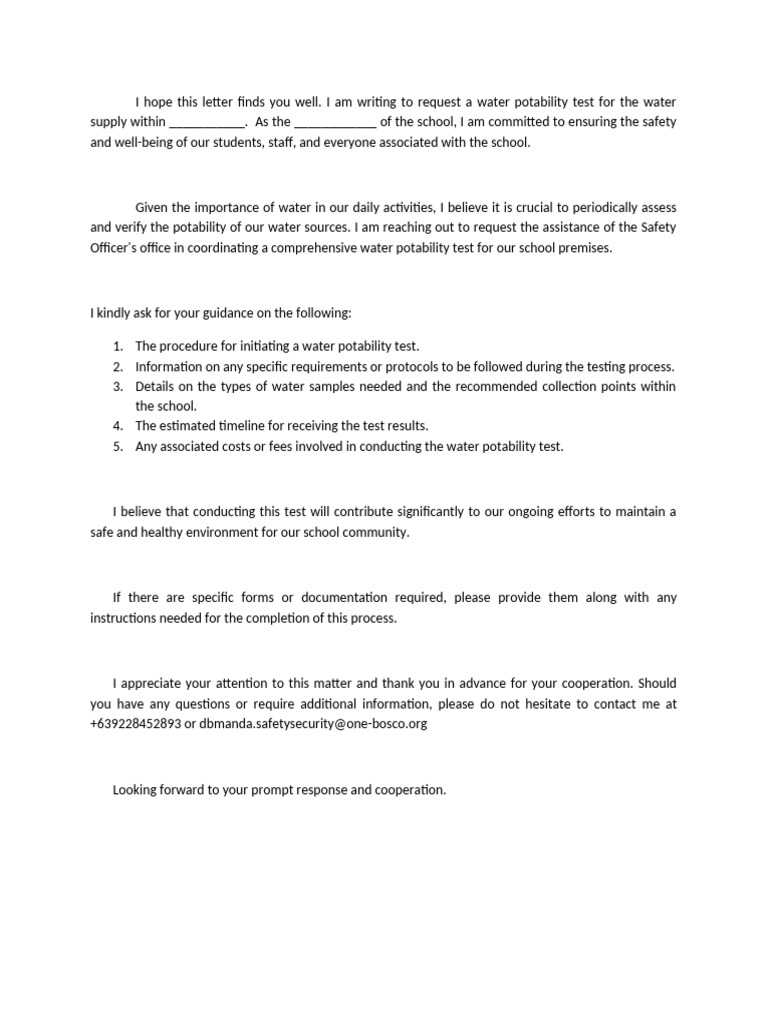 Request for Water Potability Test | PDF