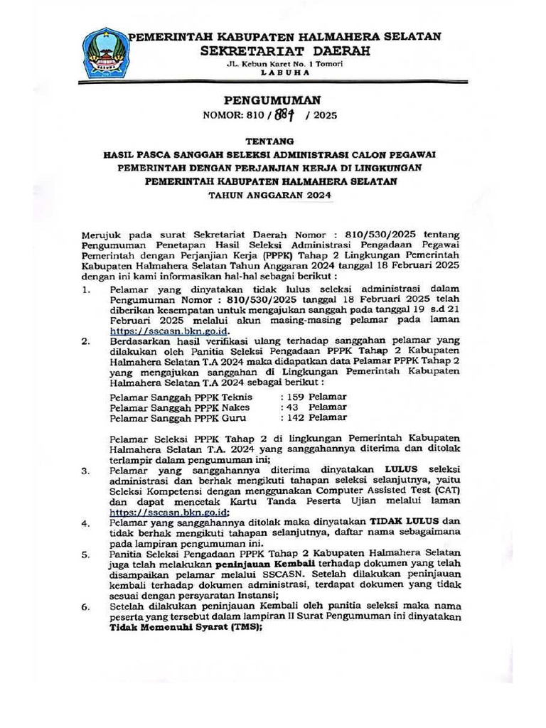QWB Pengumuman Hasil Administrasi Pasca Sanggah PPPK TAHAP 2 Pemkab Halsel TA 2024 | PDF