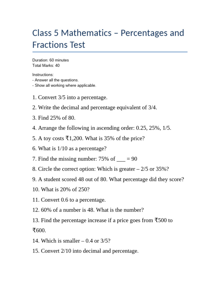 Class 5 Maths Test Mixed | PDF