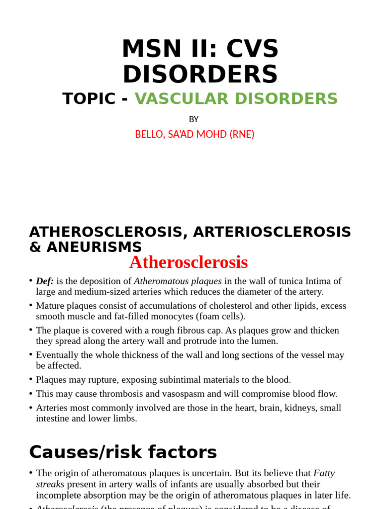 CVS Disorders Lecture 2 | PDF | Atherosclerosis | Atheroma