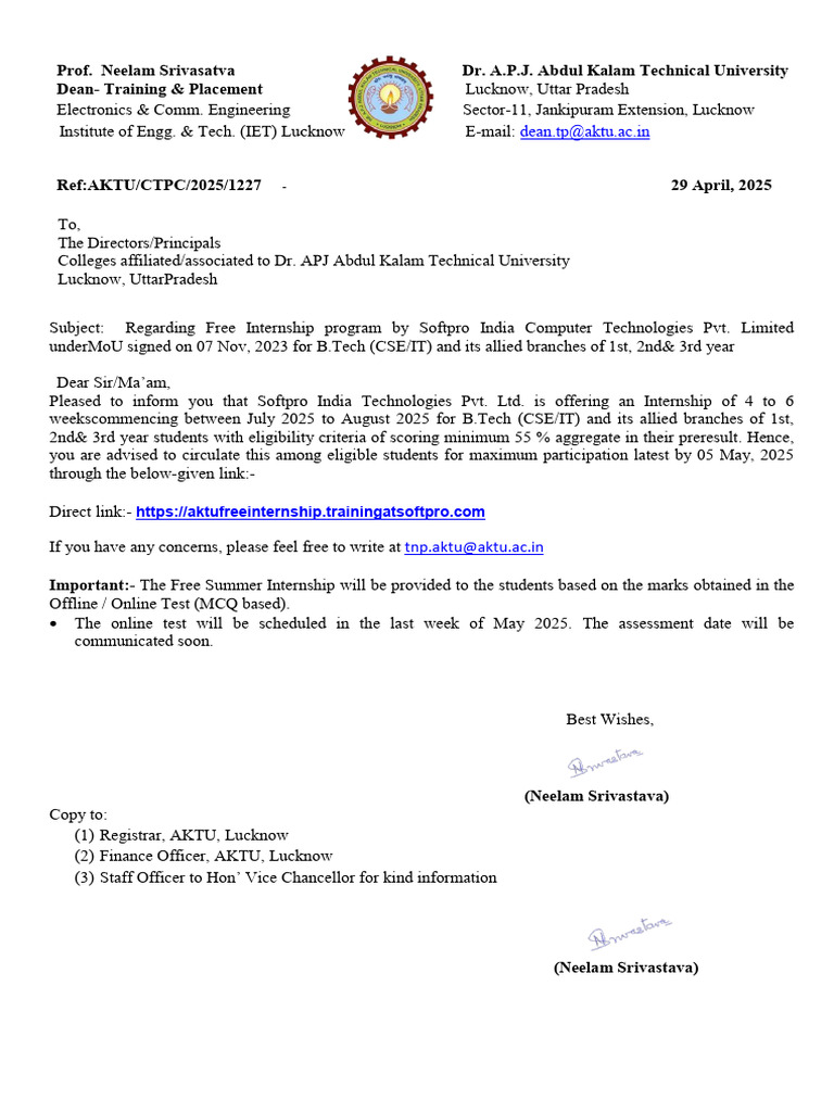AKTU Circular Regarding Free Internship Program by Softpro India Computer Technologies Pvt ...