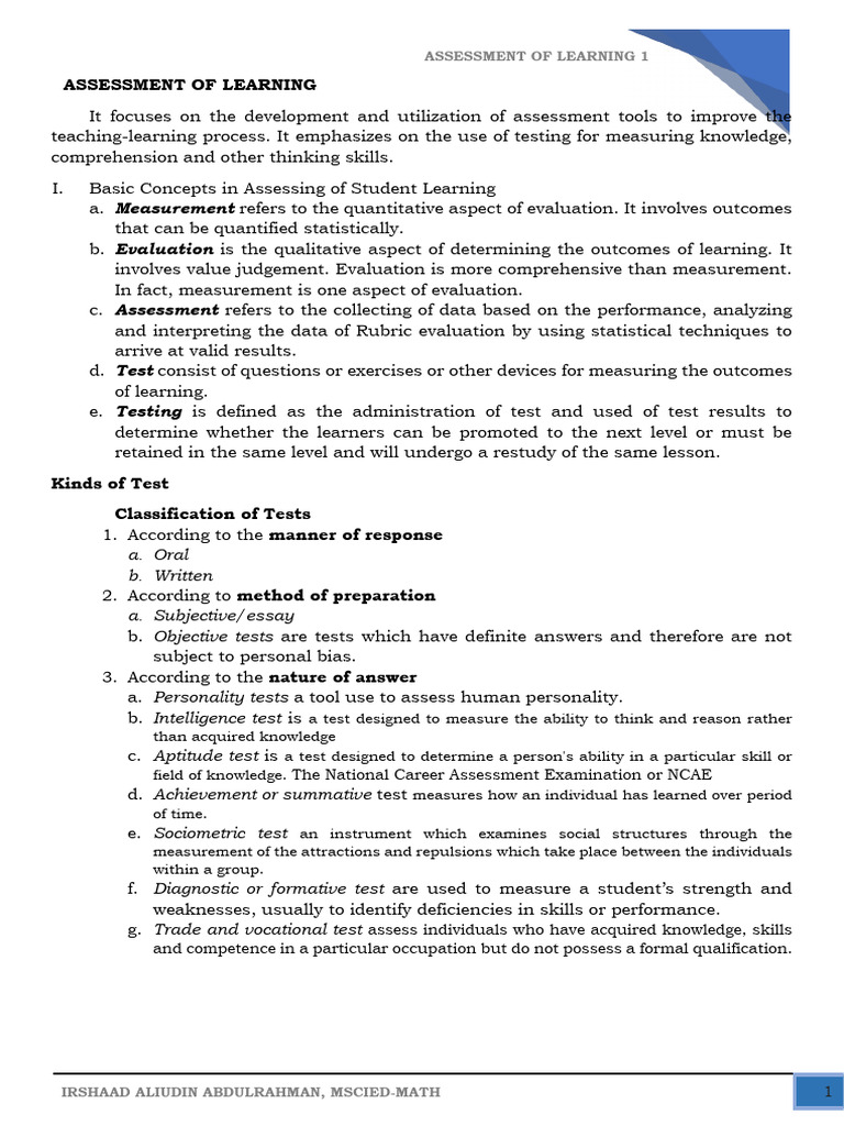Assessment of Student Learning 1 XXX | PDF | Educational Assessment ...