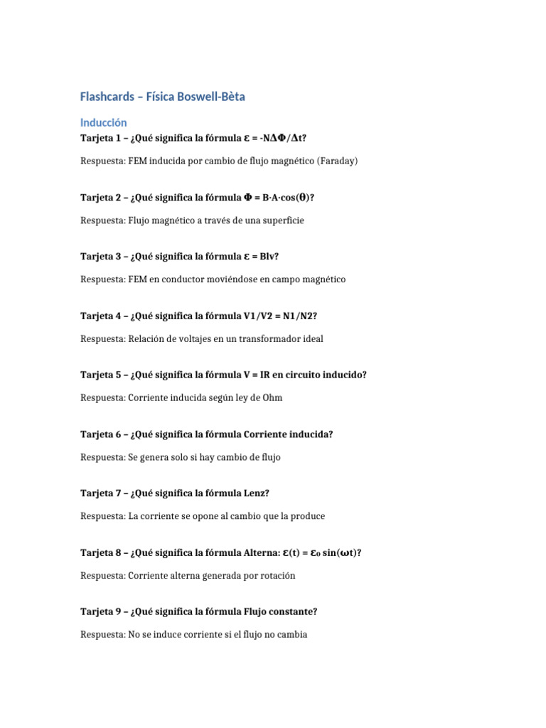 Flashcards Fisica Boswell Beta | PDF | Inducción electromagnética | Gases