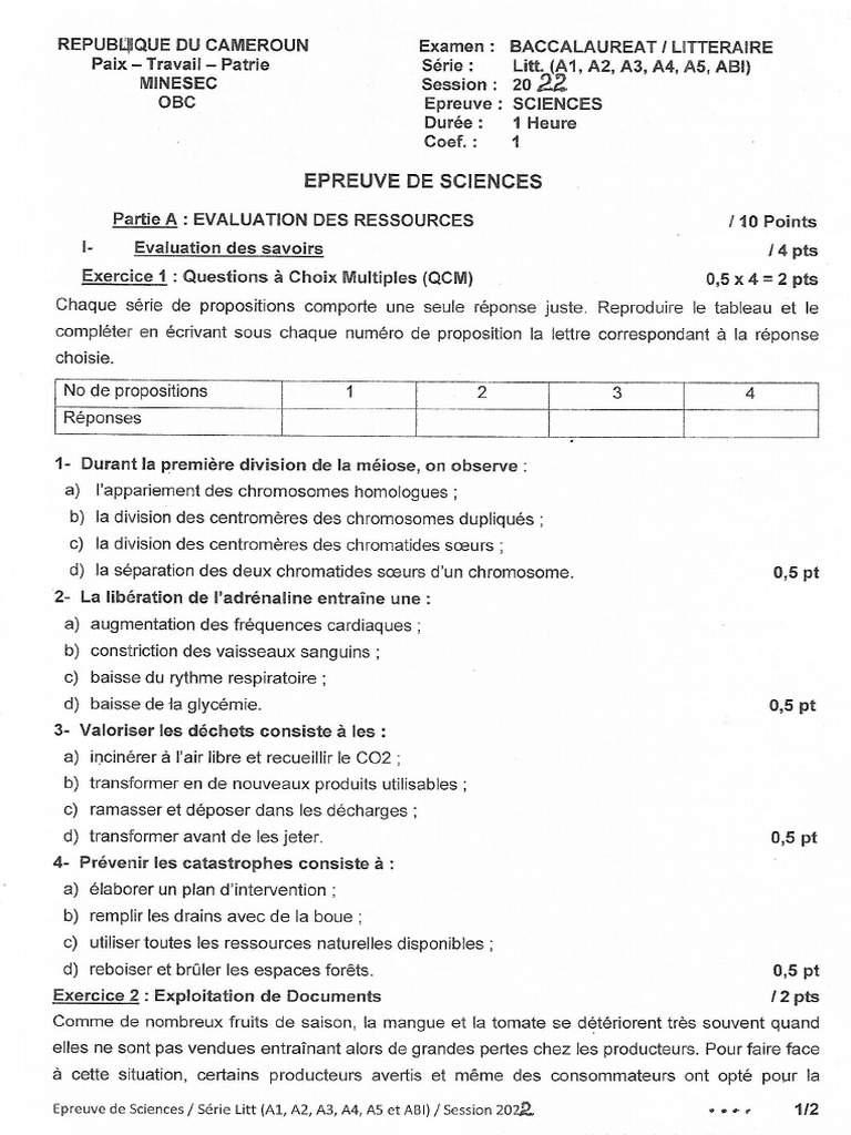 Bac A Abi 2022 Sciences | PDF