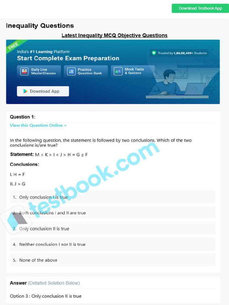 MCQ On Inequality 5eea6a0e39140f30f369e43a | PDF