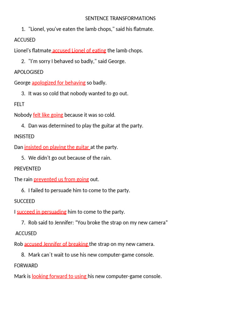 Sentence Transformations Prepositions | PDF
