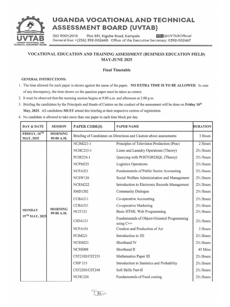 Final Timetable UVTAB Certificate MAY - JUNE 2025 | PDF