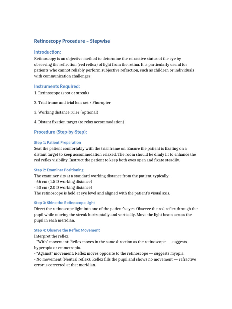 Retinoscopy Procedure Stepwise | PDF | Ophthalmology | Light