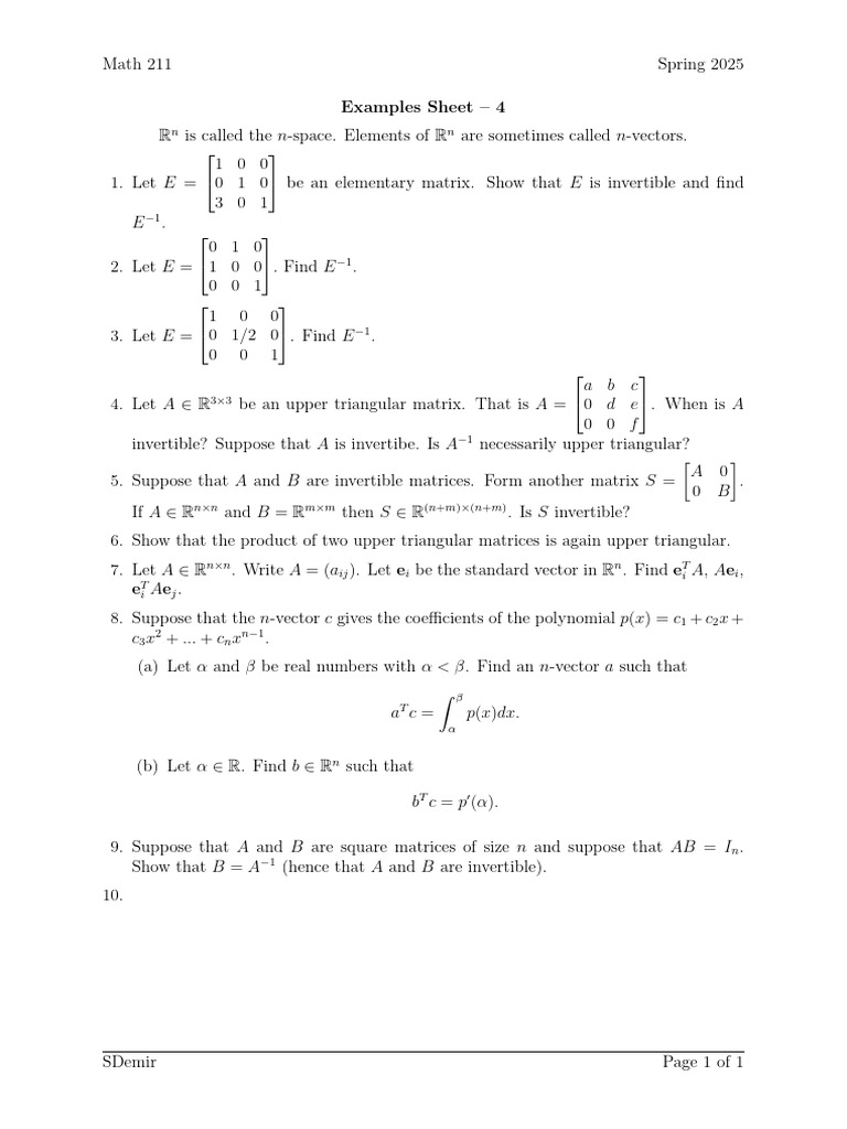 Math 211: Invertible Matrices Examples | PDF