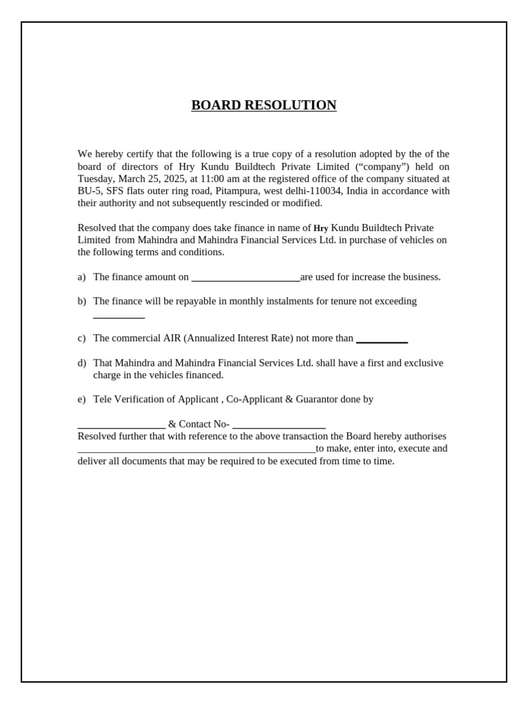 Board Resolution for Vehicle Financing | PDF
