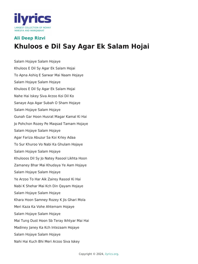 Khuloos e Dil Say Agar Ek Salam Hojai | PDF