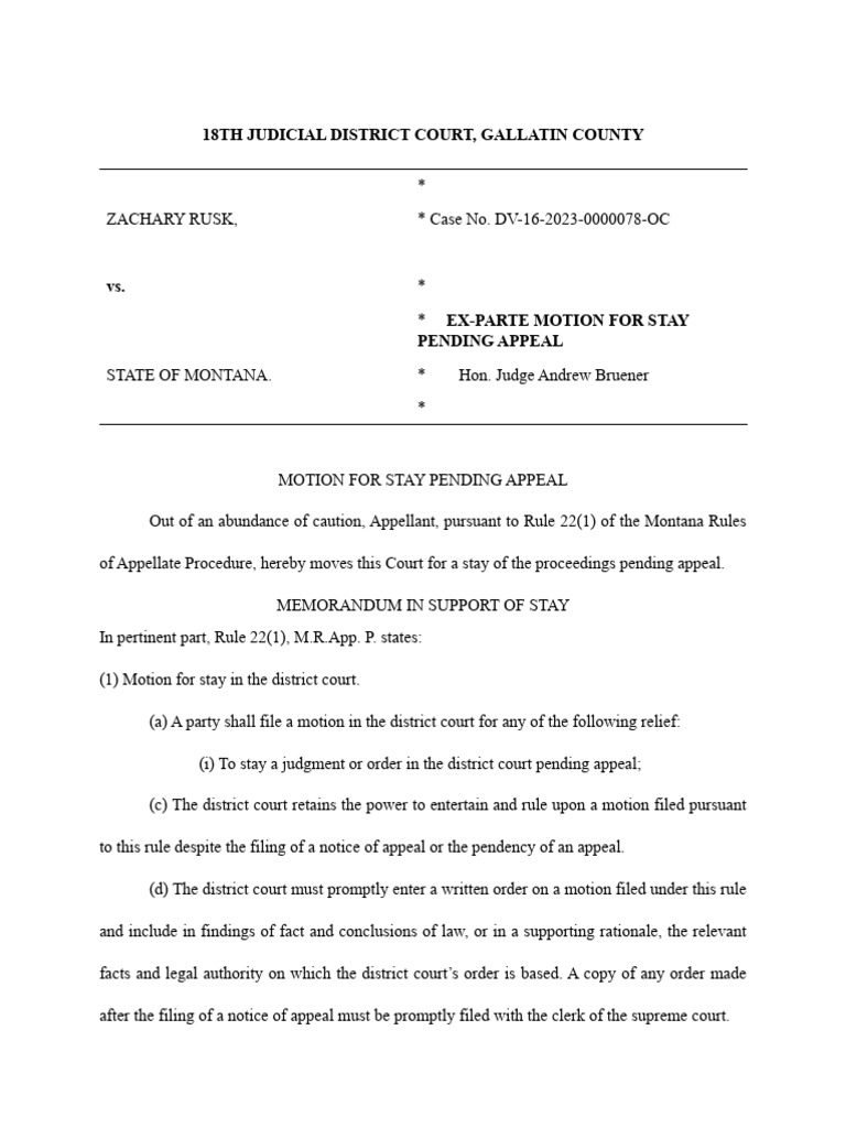 EX PARTE Motion For Stay Pending Appeal | PDF | Confession (Law) | Plea