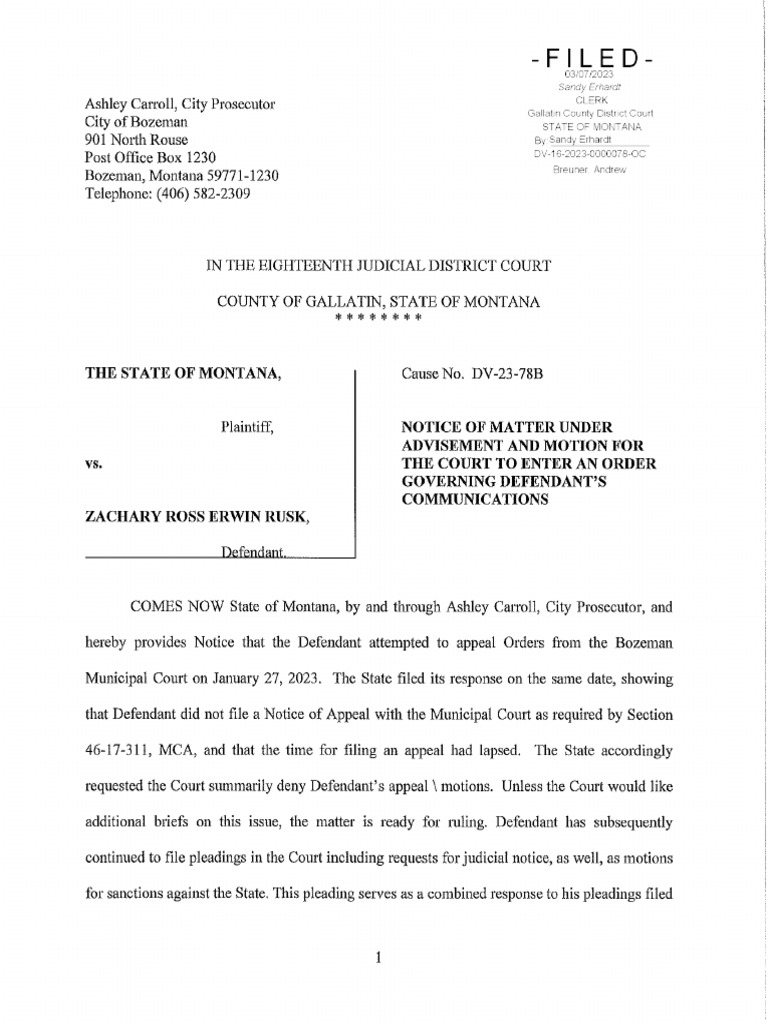 State's Notice of Mater Under Advisement and Motion For Court To Enter ...