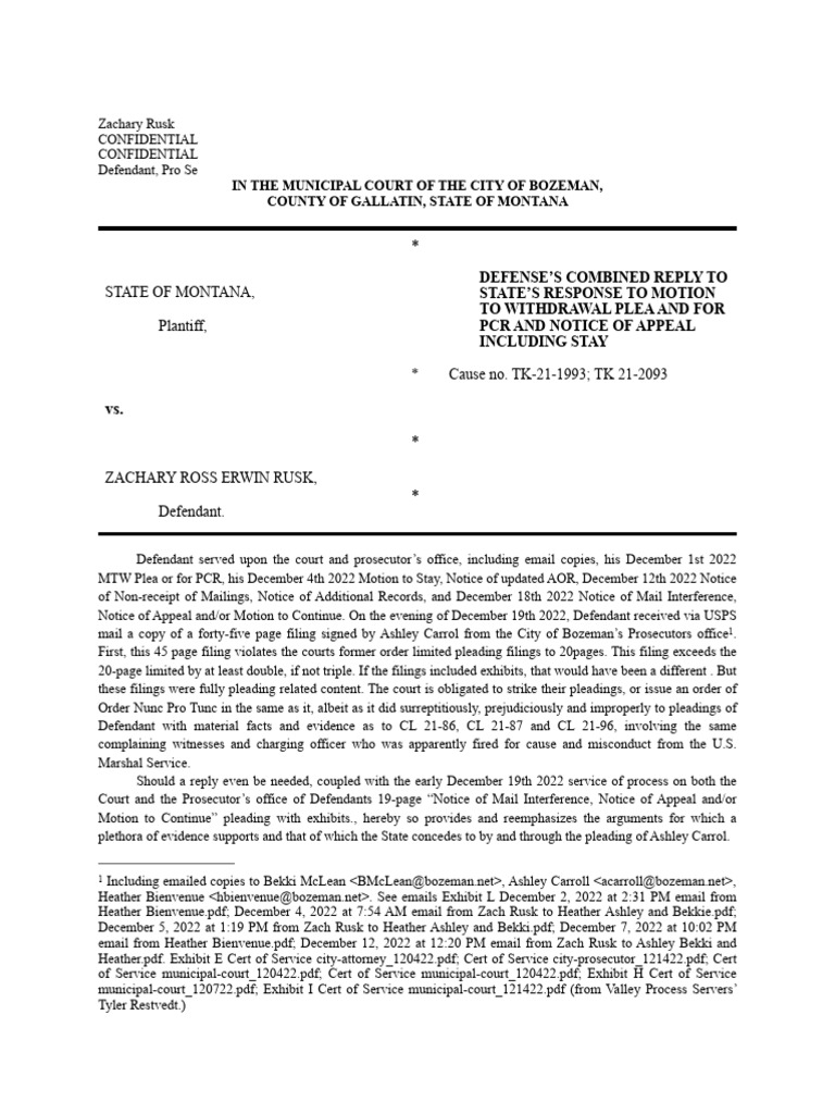 Combined Notice of Appeal, Stay and Reply To Response To Defendants ...