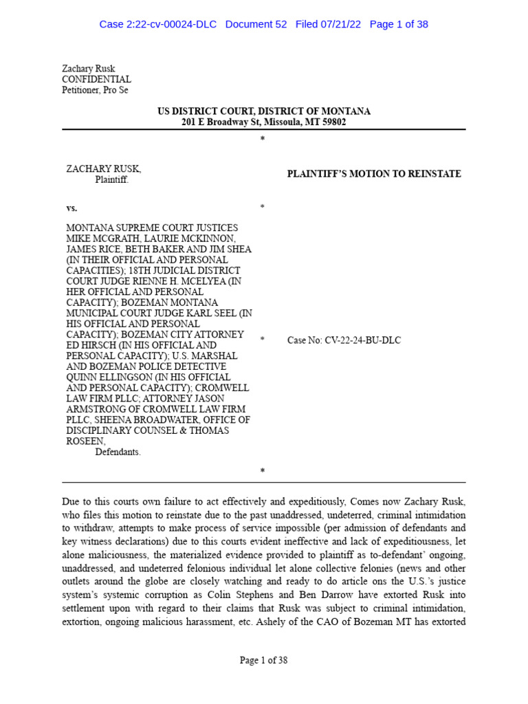2. CV-22-24-BU-DLC Plaintiffs Motion to Reinstate | PDF | Judiciaries ...