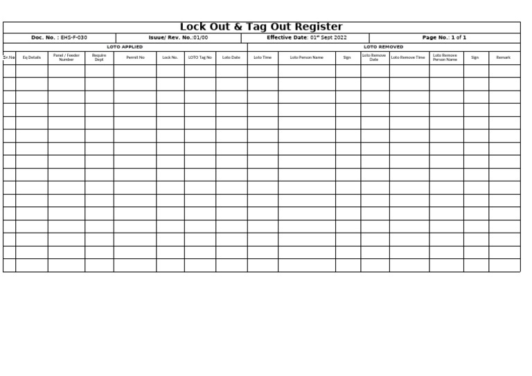 Ehs F 030 Loto Register | PDF