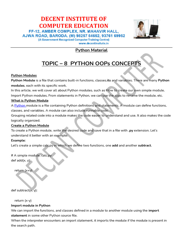 Python Material 2024 TOPIC 8i | PDF | Object Oriented Programming | Class (Computer Programming)