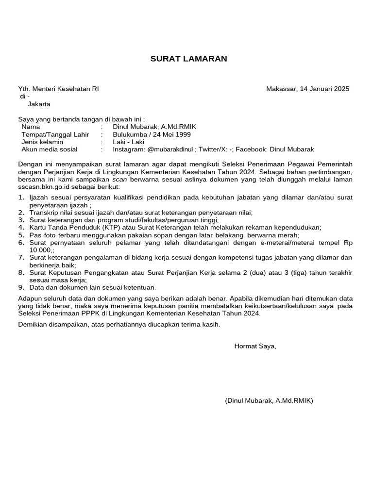 Lampiran IV Format Surat Lamaran Penerimaan PPPK 2024 | PDF