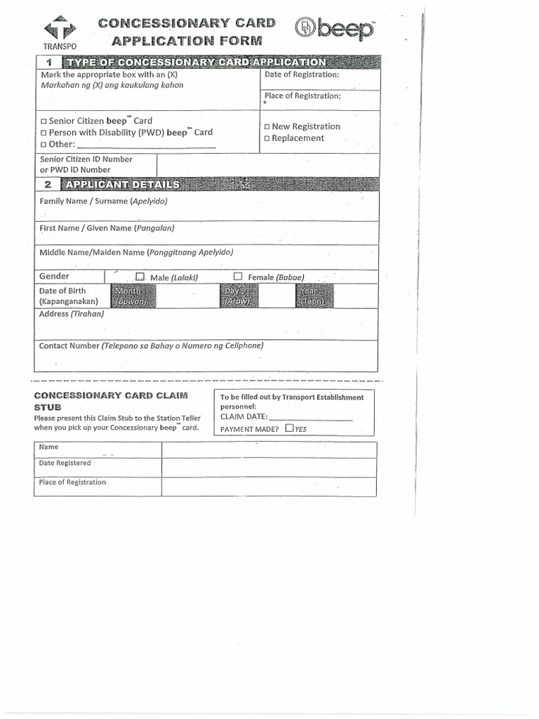 Beep Concession Card Application Form | PDF