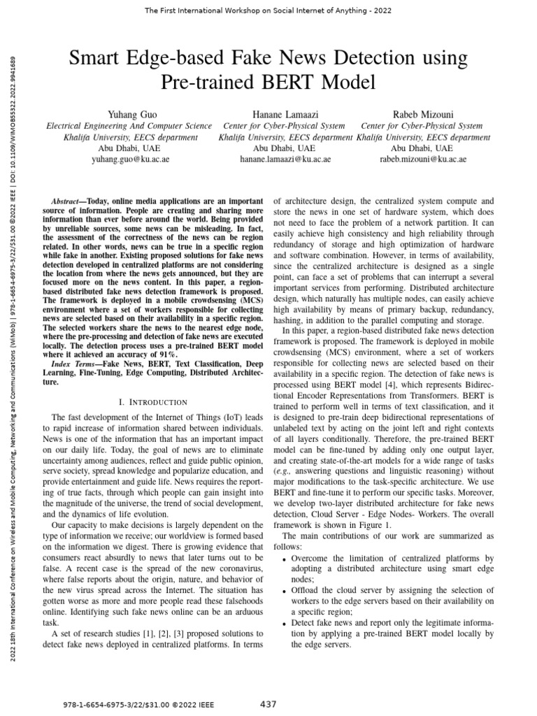 Smart Edge Based Fake News Detection Using Pre Trained Bert Model Pdf Computational