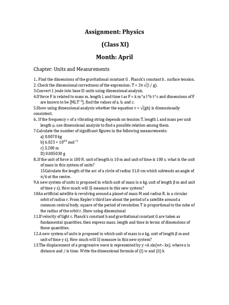 XI Assignment On Units and Dimensions | PDF