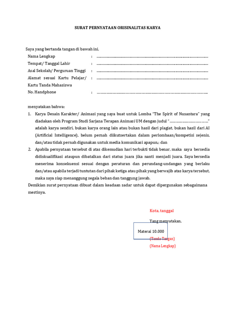 Surat Pernyataan Orisinalitas Karya | PDF