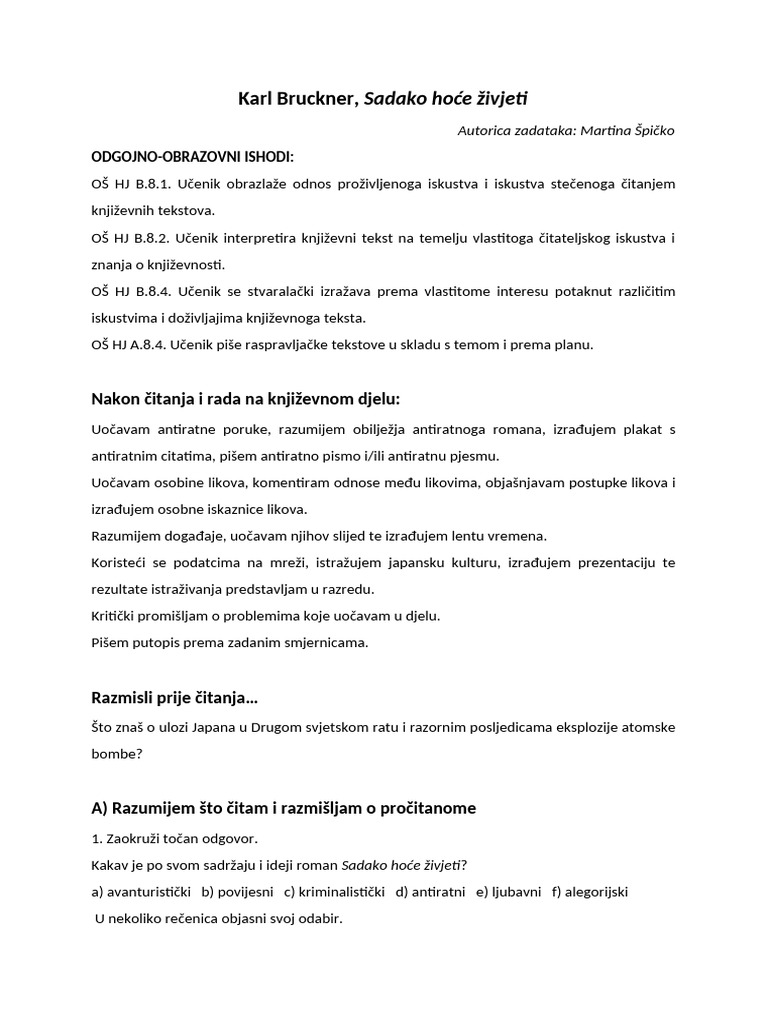 Karl Bruckner Sadako Hoce Zivjeti Listic Martina Spicko | PDF