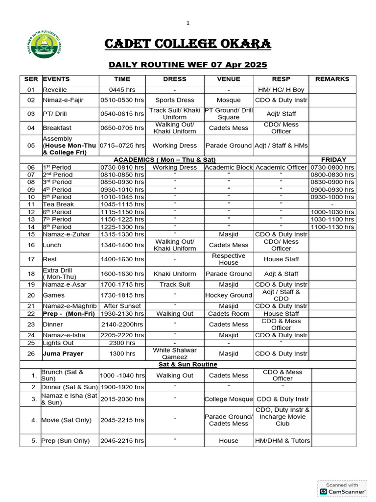 Daily Routine Wef 7 April 2025 | PDF | Uniforms