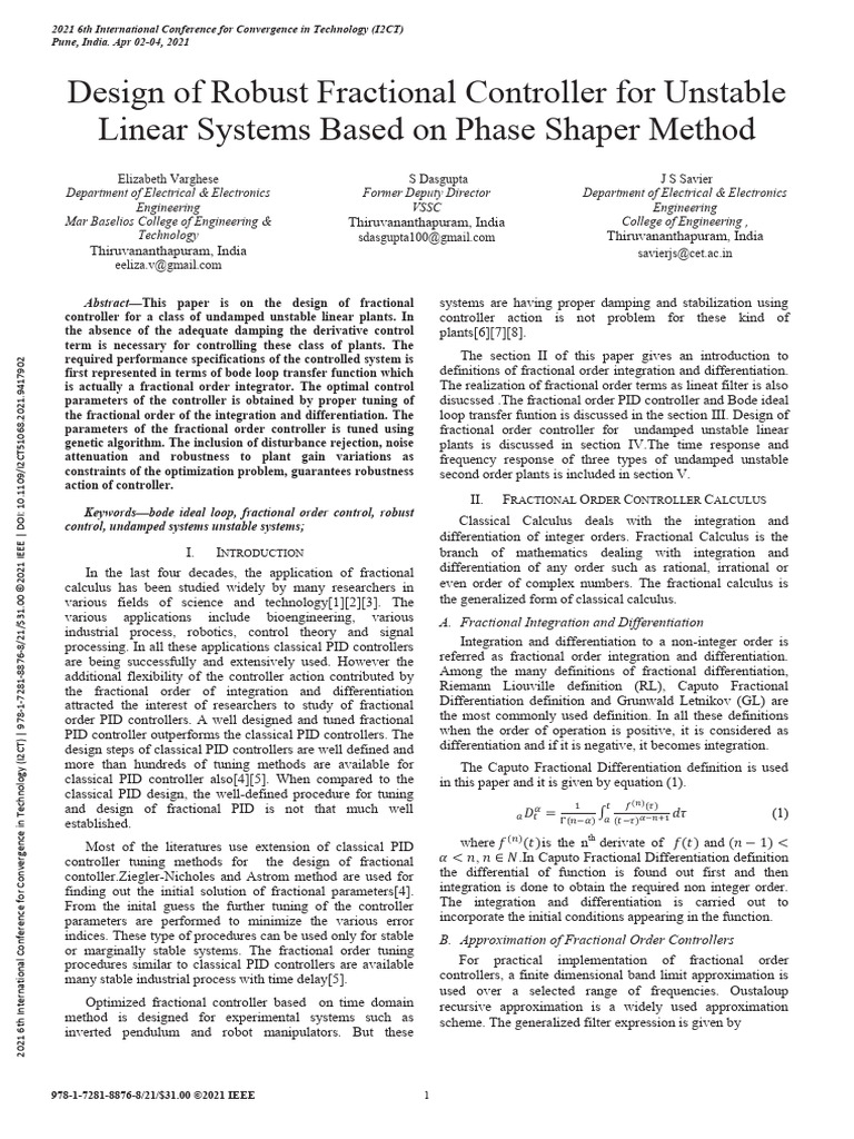 Elizabeth Design of Robust Fractional Controller for Unstable Linear Systems Based on Phase ...
