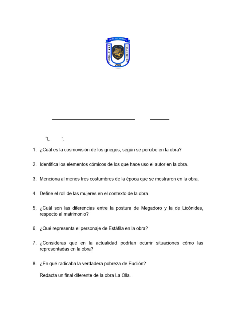 Guia Obra de Teatro La Olla | PDF