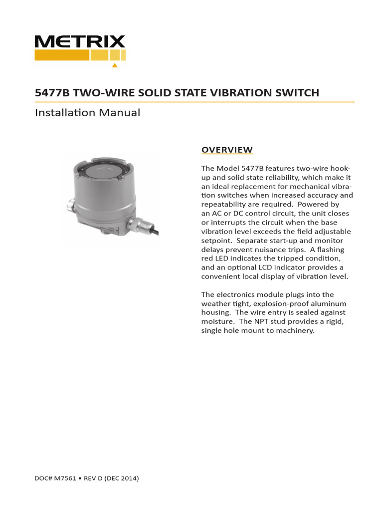 5477B Two-Wire Solid State Vibration Switch: Installation Manual | PDF | Relay | Switch