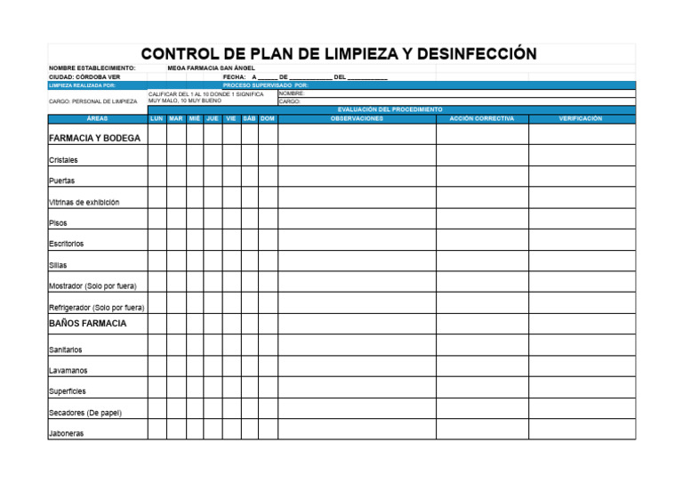 CONTROL DE PLAN DE LIMPIEZA Y DESINFECCIÓN - Hoja 1 | PDF
