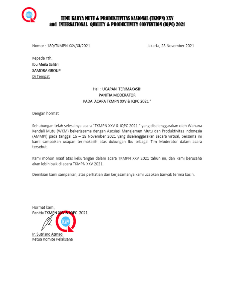 Surat Terima Kasih Panitia Moderator 2021 - Samora | PDF