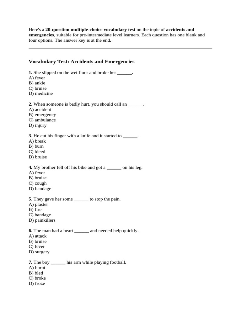 Vocabulary Test on Accidents and Emergencies | PDF | Medical Specialties