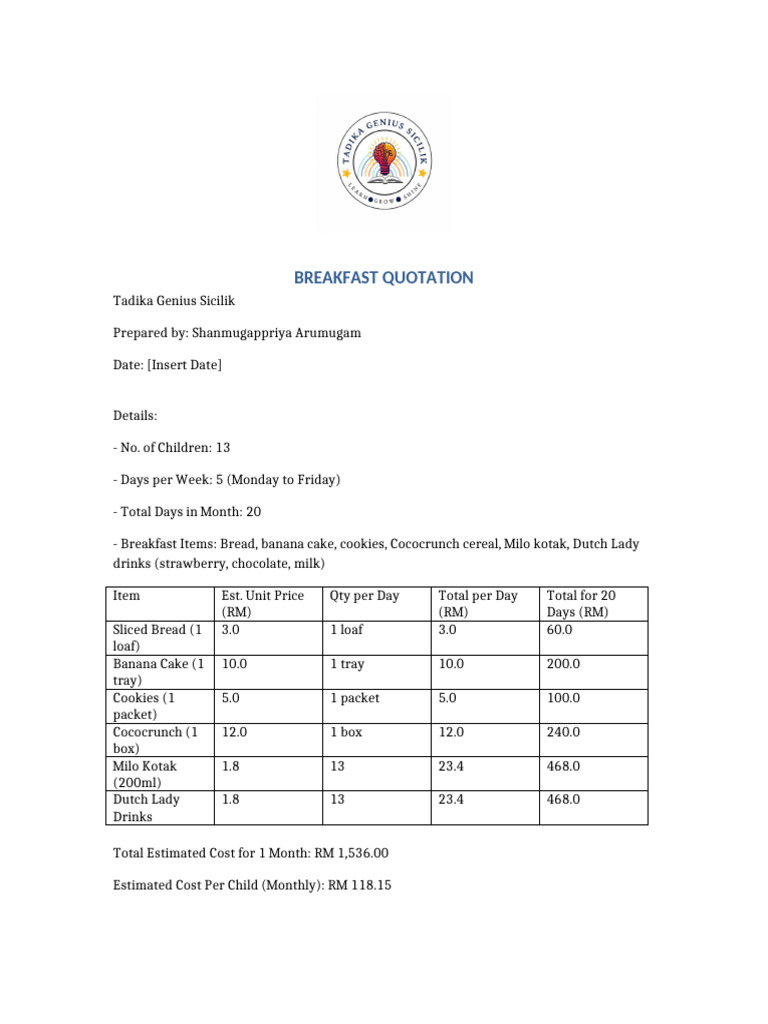 TGSC Breakfast Quotation Updated | PDF