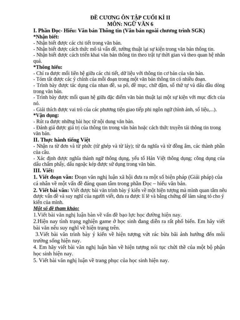 Đề Cương Ôn Tập Cuối Kì II Nv6 | PDF