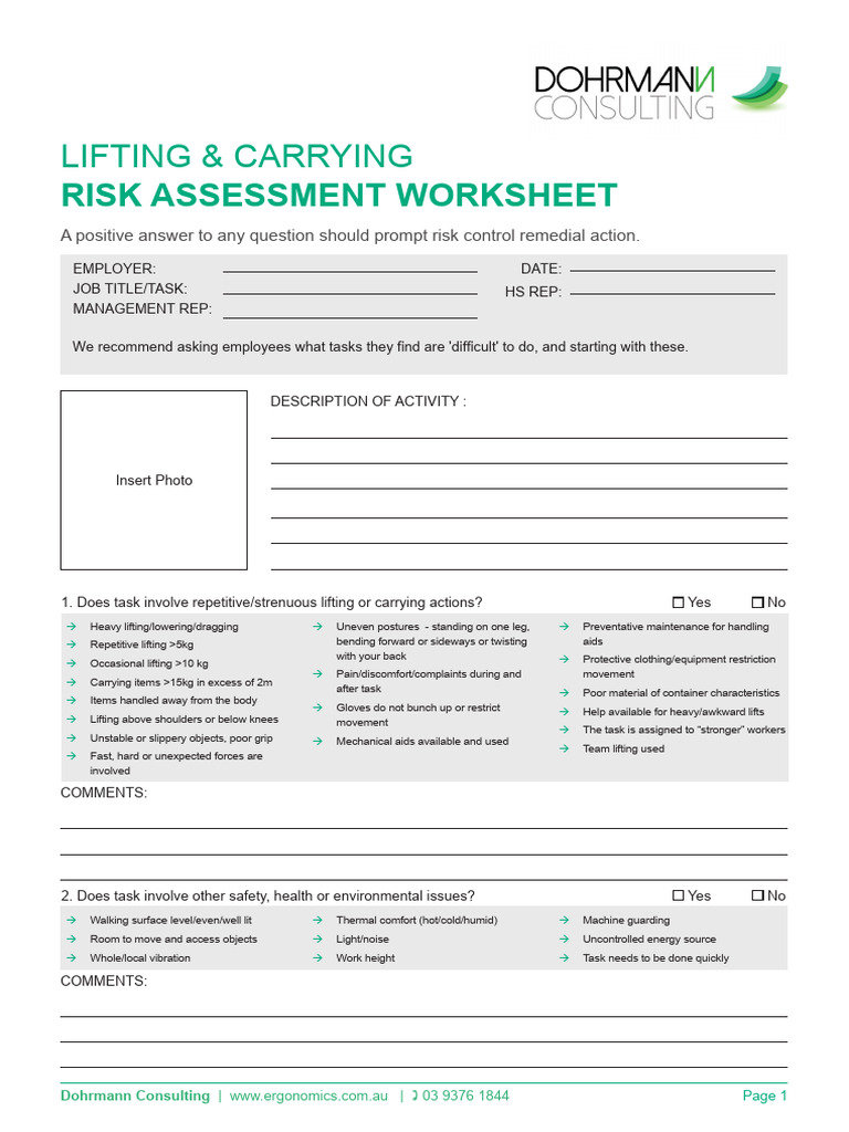 Lifting Carrying Risk Assessment Worksheet | PDF | Personal Protective ...