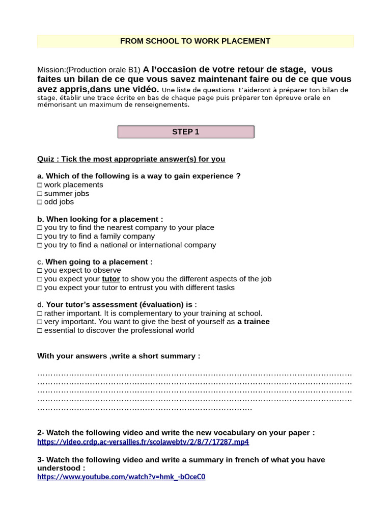 Project 4 From School to Workplacement Step 1 | PDF