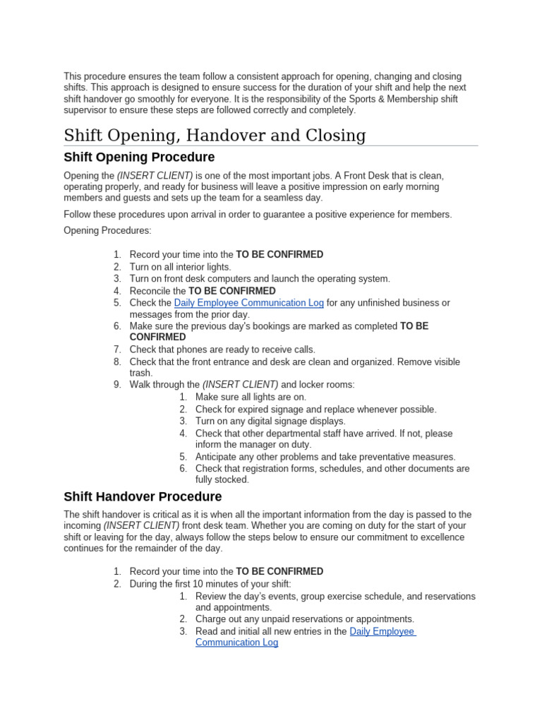 Daily Shift Procedure | PDF