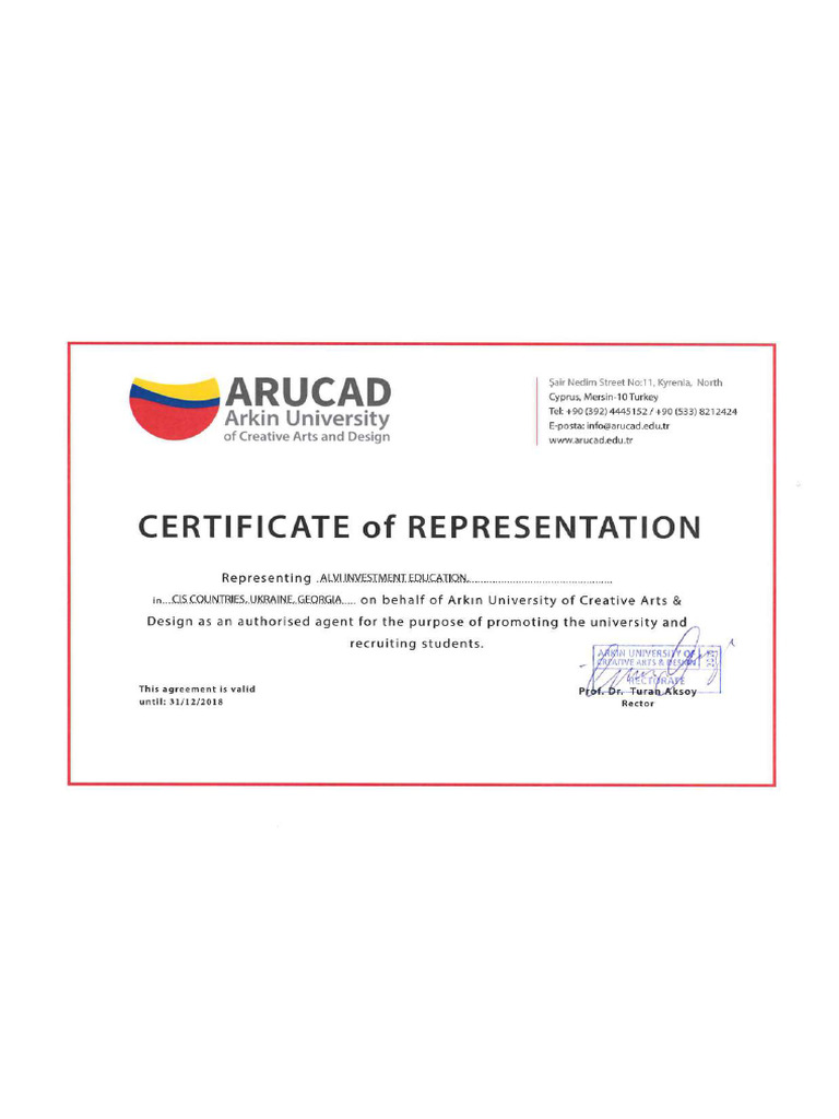 Arucad Certificate of Representation Alvi Georgia and Cis1 | PDF