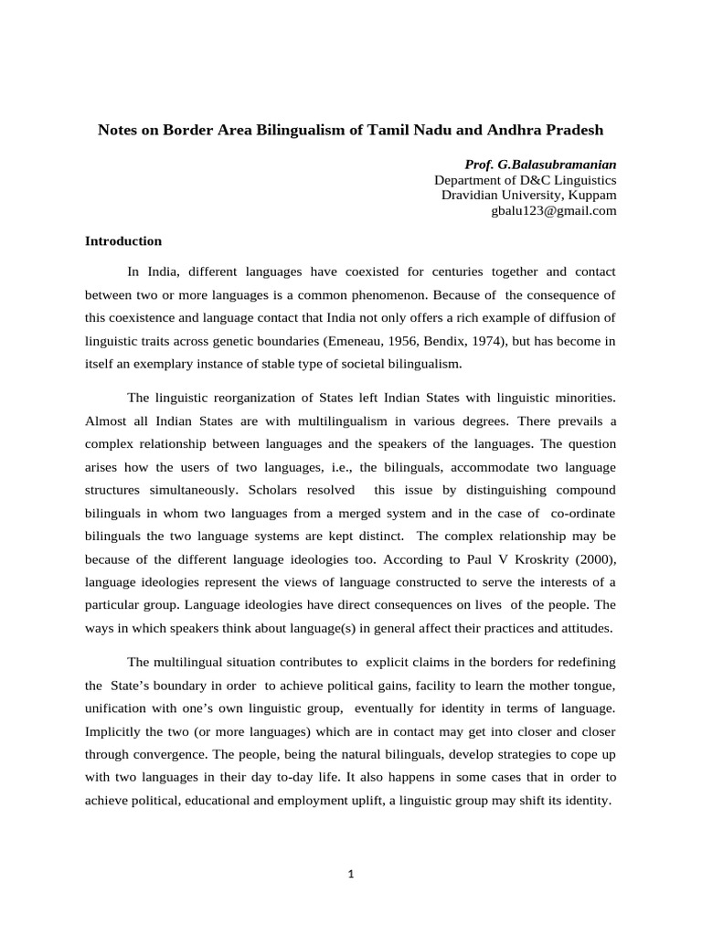 Bilingualism in Tamil Nadu and Andhra Pradesh | PDF | Multilingualism ...