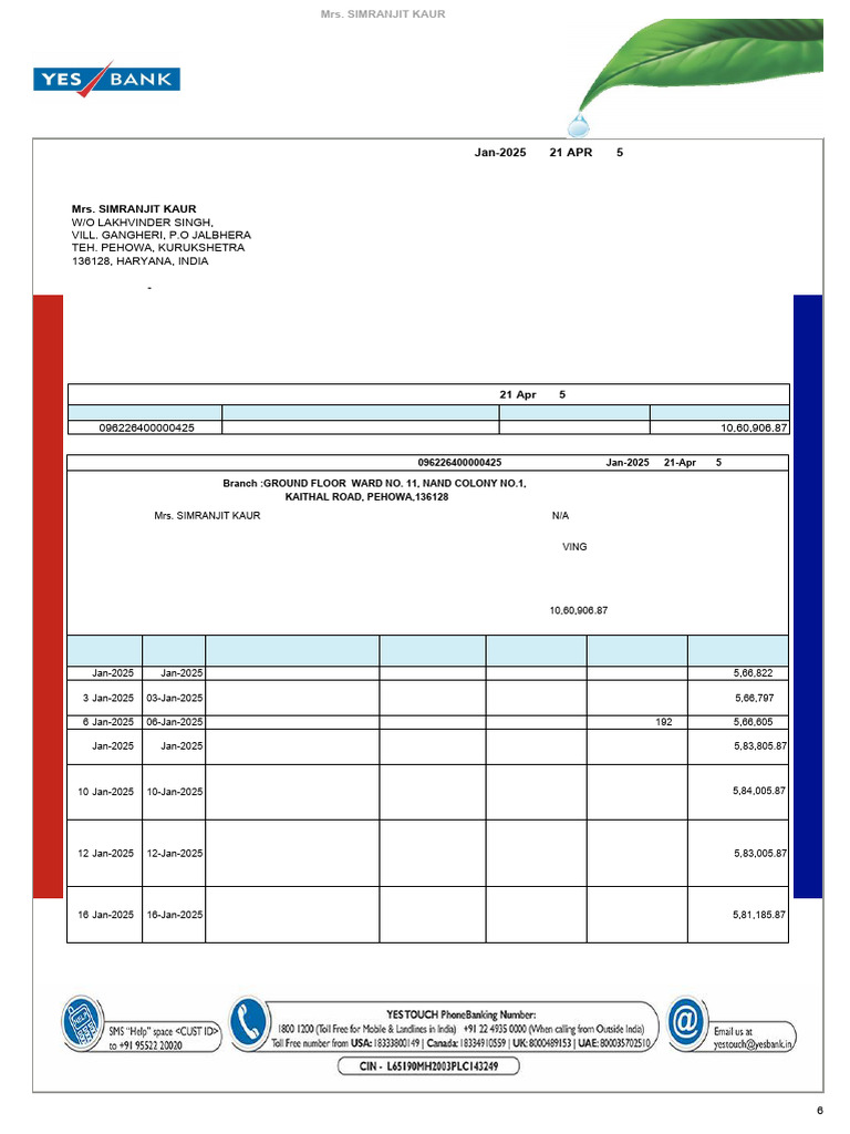Lakhvinder Wife Yes Bank Statement | PDF | Transaction Account | Money